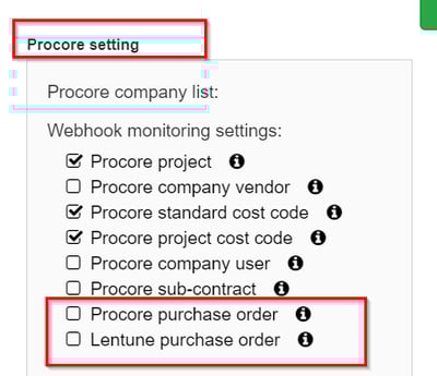Procore Lentune Purchase Order Settings
