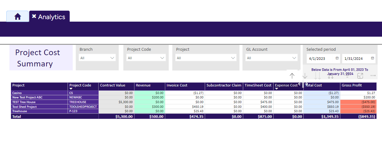 Project Costs Summary Report
