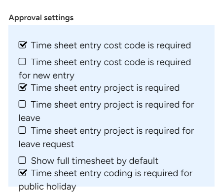 Project Code and Cost Code for Time Sheets & Public Holidays