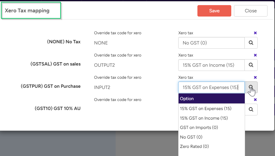 Mapping tax settings to Xero