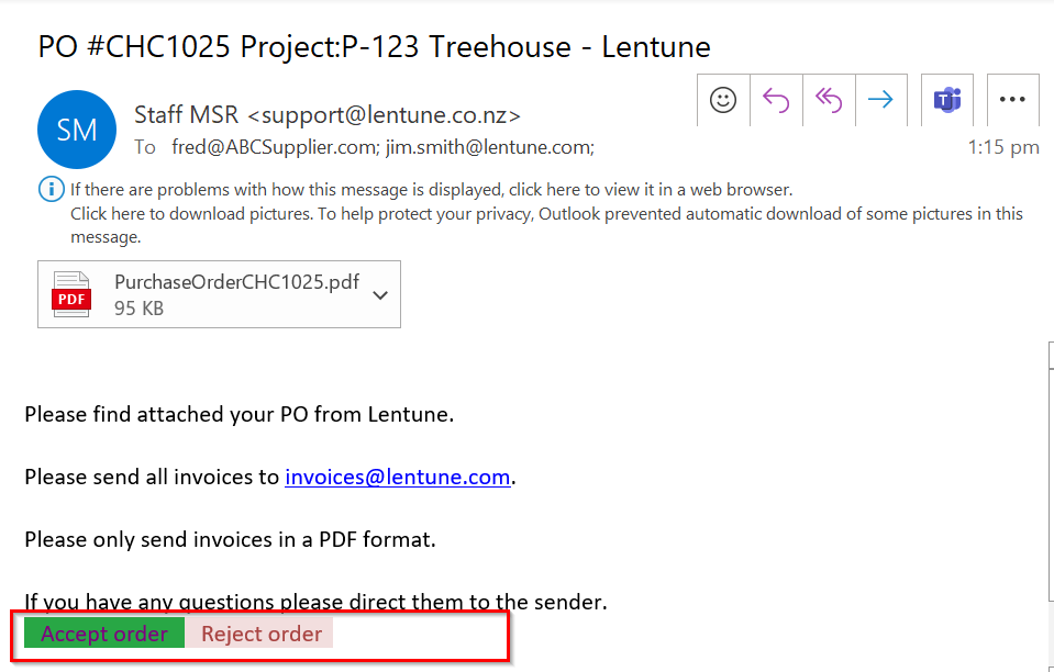 Accept or Reject Purchase Orders in Email to your Supplier