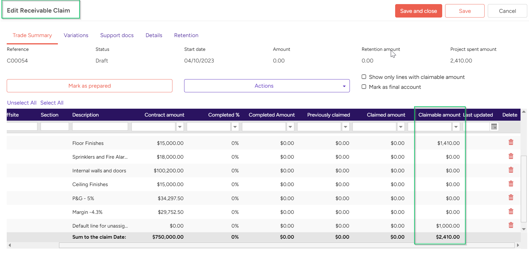 How the Claimable amount on a Head Contract Claim is calculated