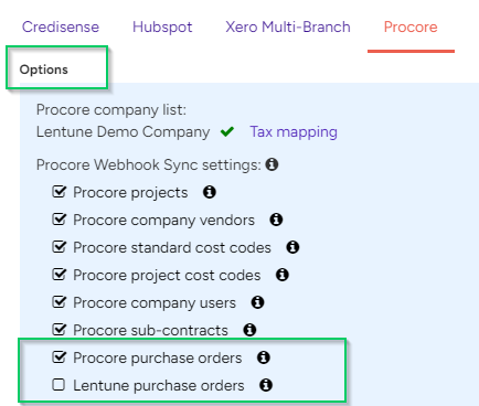 Procore Lentune Purchase Order Settings