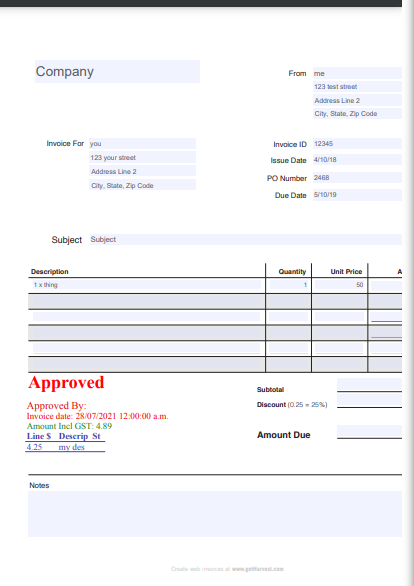 Customise your Invoice Approved Stamp