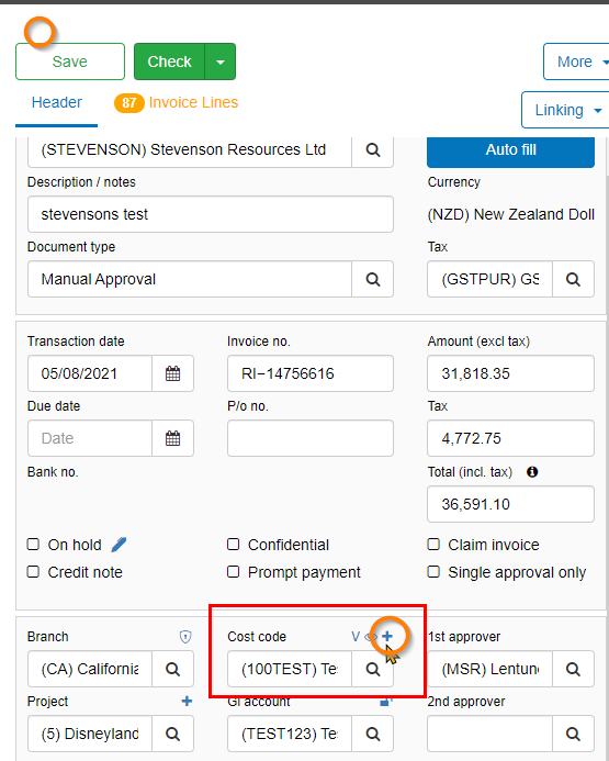 Add Cost Codes from the Master Cost Codes list while approving invoices