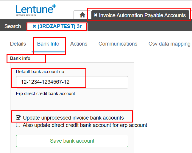 Updating Payable account and bank account details between Lentune and ...
