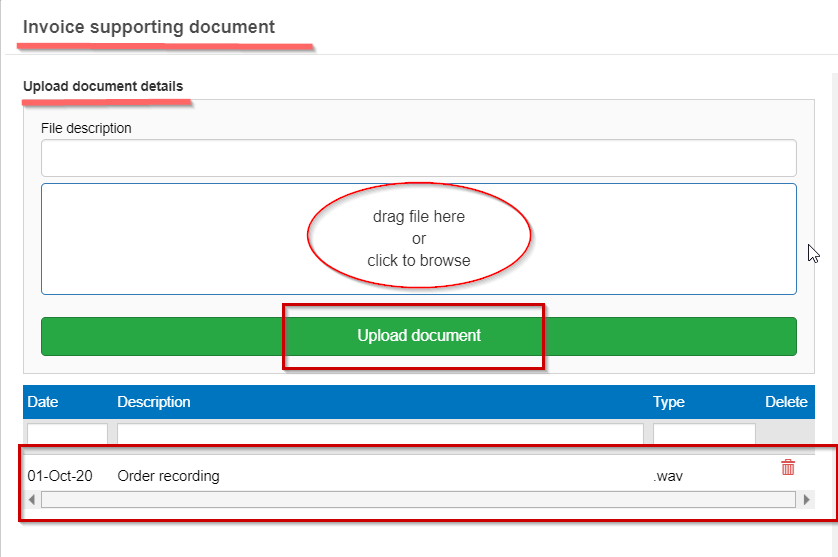 Attach supporting documents to an Invoice