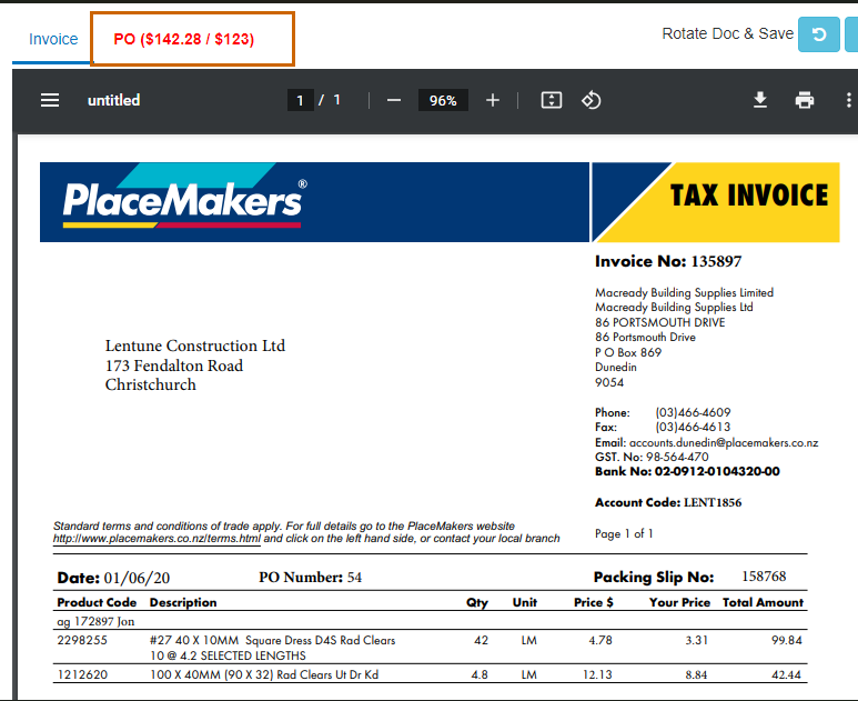 Check Invoice total against the Purchase Order total