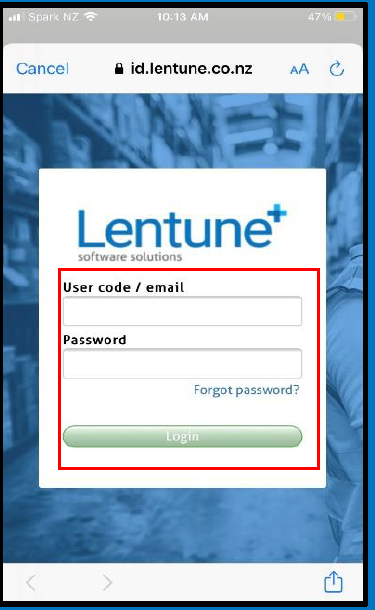 Logging in to the Lentune App