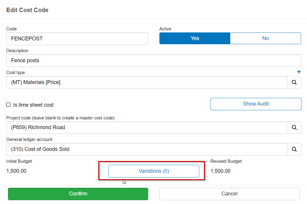 Budgets on Cost Codes for Projects