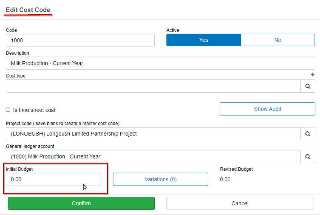 Budgets on Cost Codes for Projects