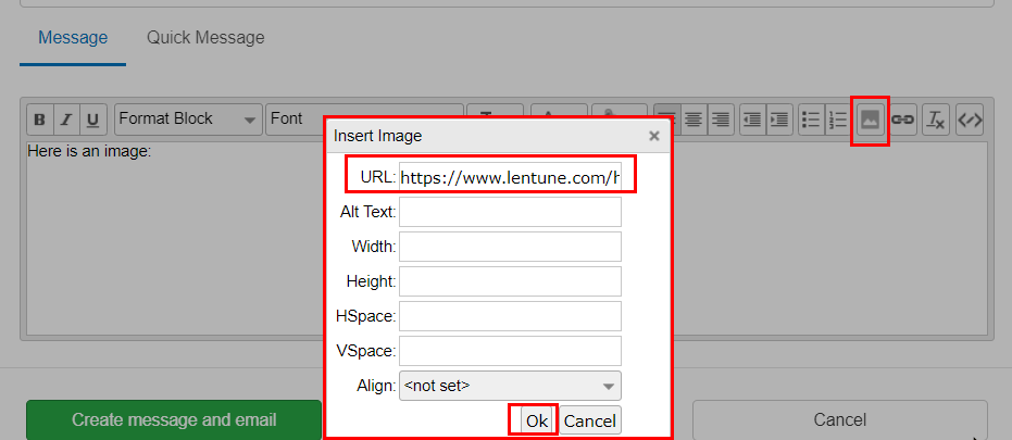 Adding html text and images to emails from Lentune